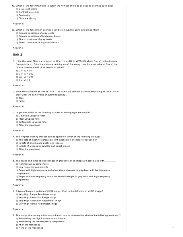 image processing MCQ AKTU final year Exam all units | PDF