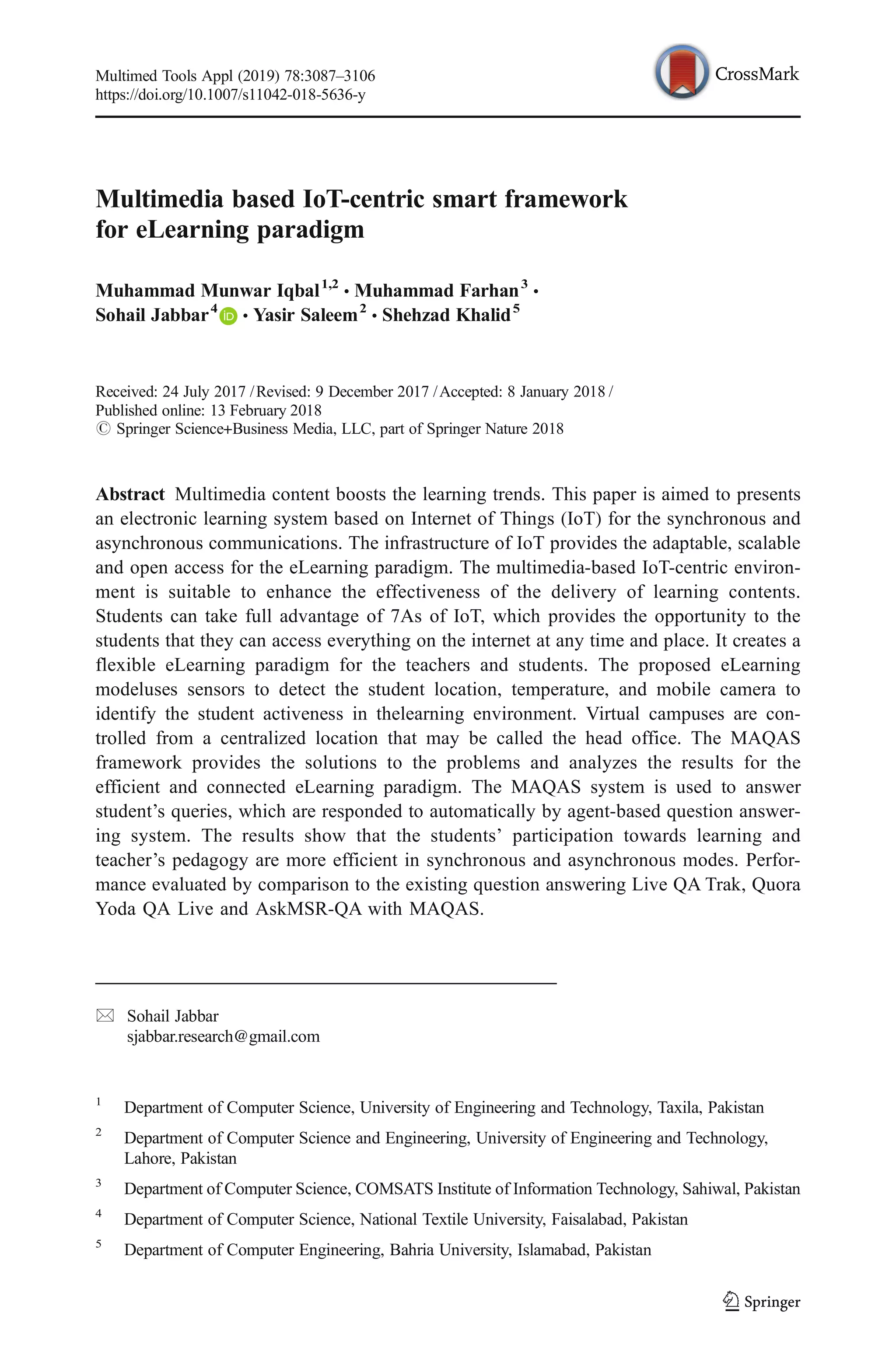 Multimedia based IoT-centric smart framework for eLearning paradigm Muhammad Munwar & others | PDF