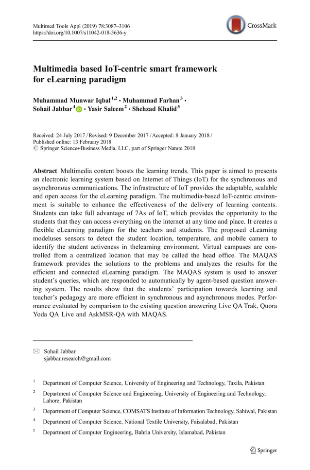 Multimedia based IoT-centric smart framework for eLearning paradigm Muhammad Munwar & others | PDF