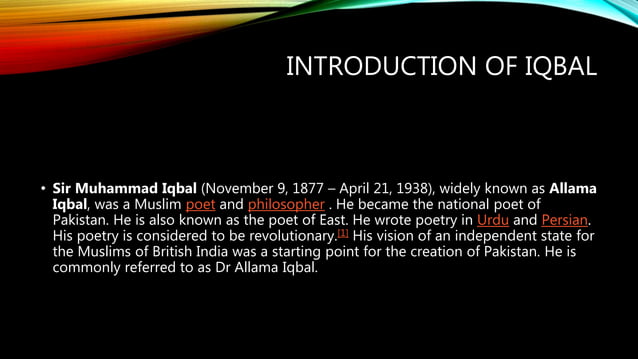 Allama Muhammad Iqbal as a Dreamer of Pakistan- History of SubContinent ...