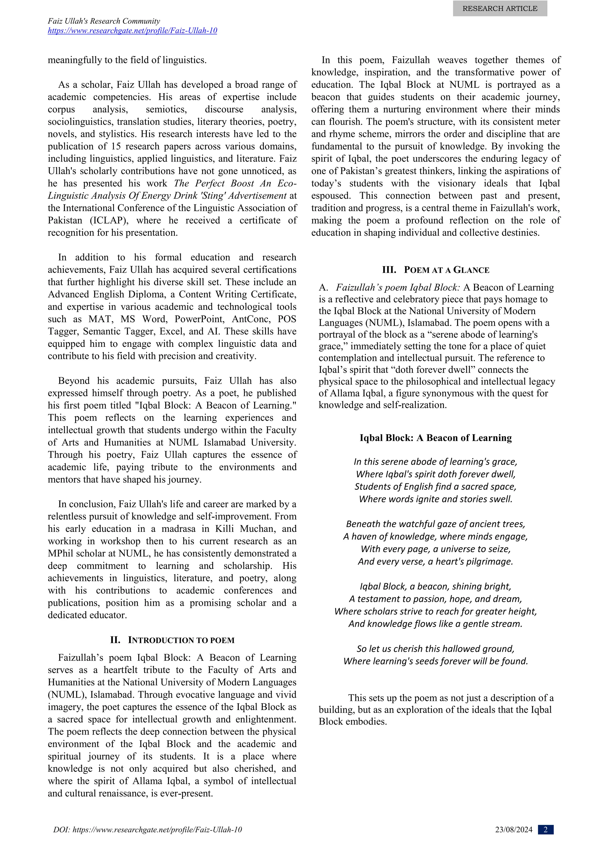 Iqbal block: A Beacon of Learning poem by Faizullah | PDF