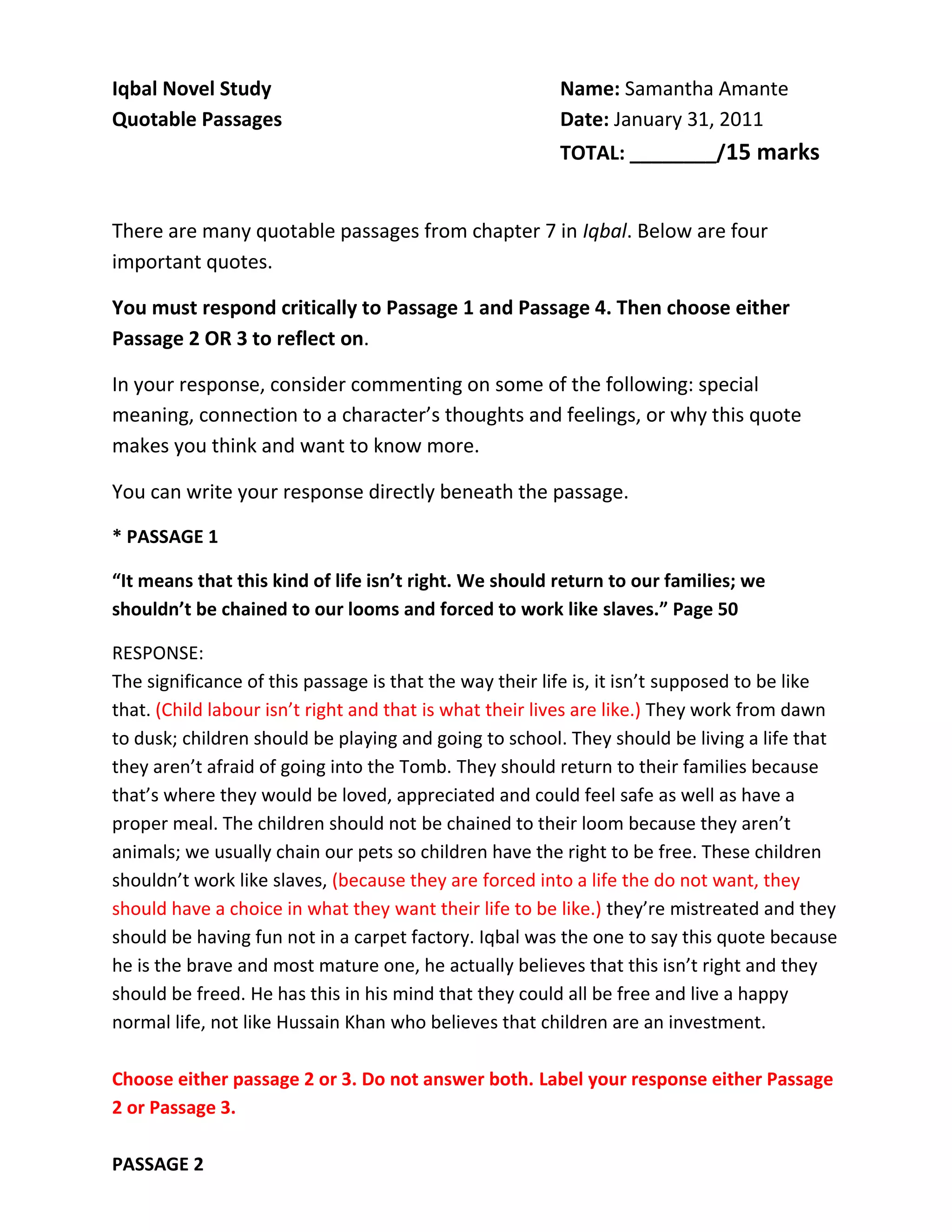 Iqbal novel study passages quiz Samantha Amante | DOCX