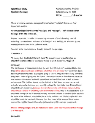 Iqbal novel study passages quiz Samantha Amante | DOCX