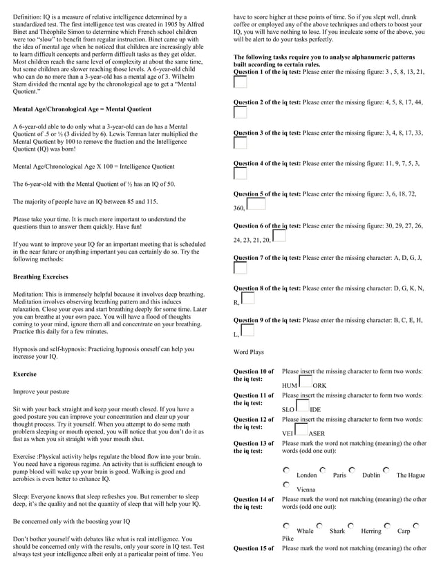 Iq test | DOCX | Brain and Nervous System Disorders | Diseases and ...