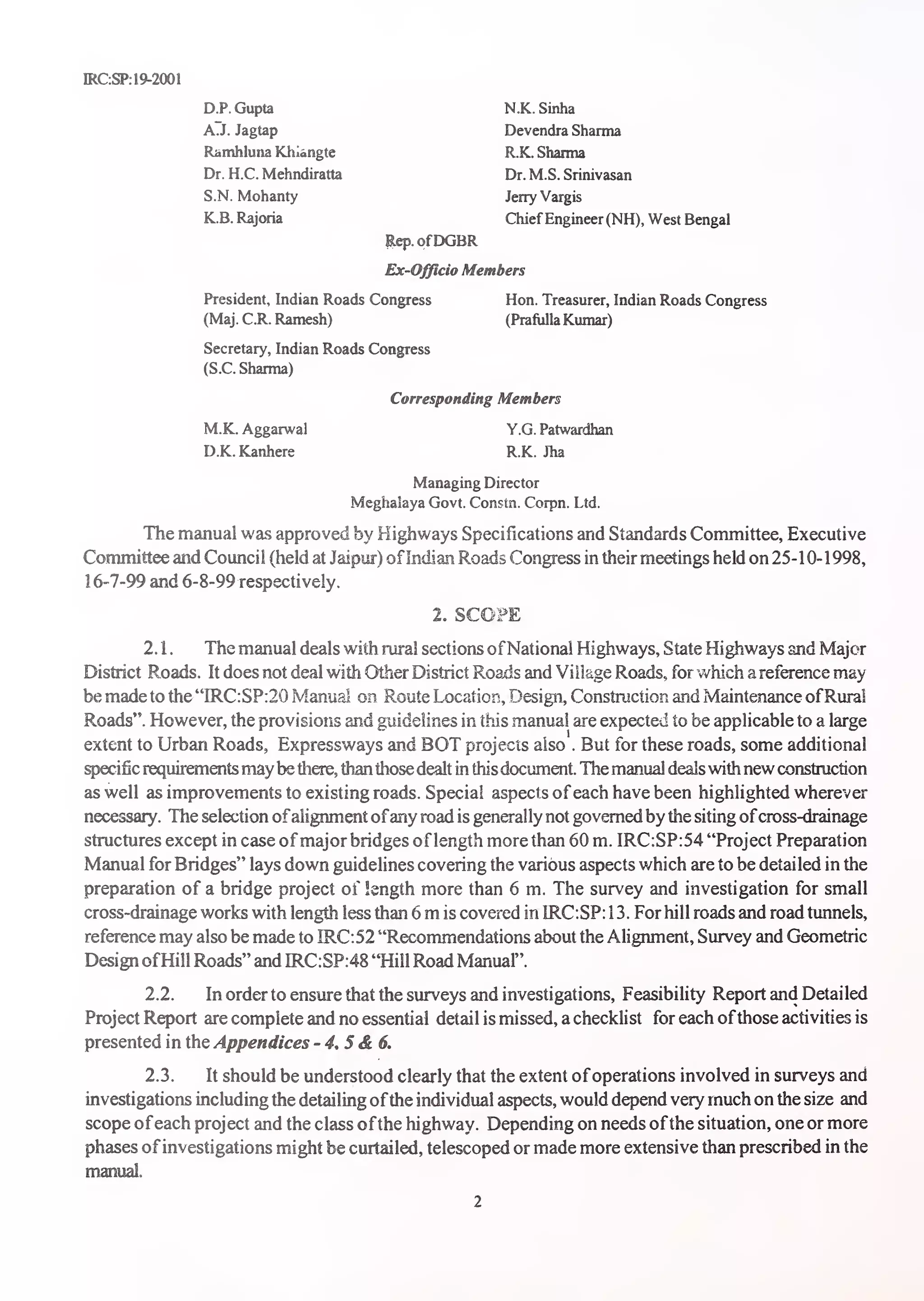 IRC.SP.19-2001 - MANUAL FOR SURVEY, INVESTIGATION AND PREPARATION OF ROAD PROJECTS | PDF