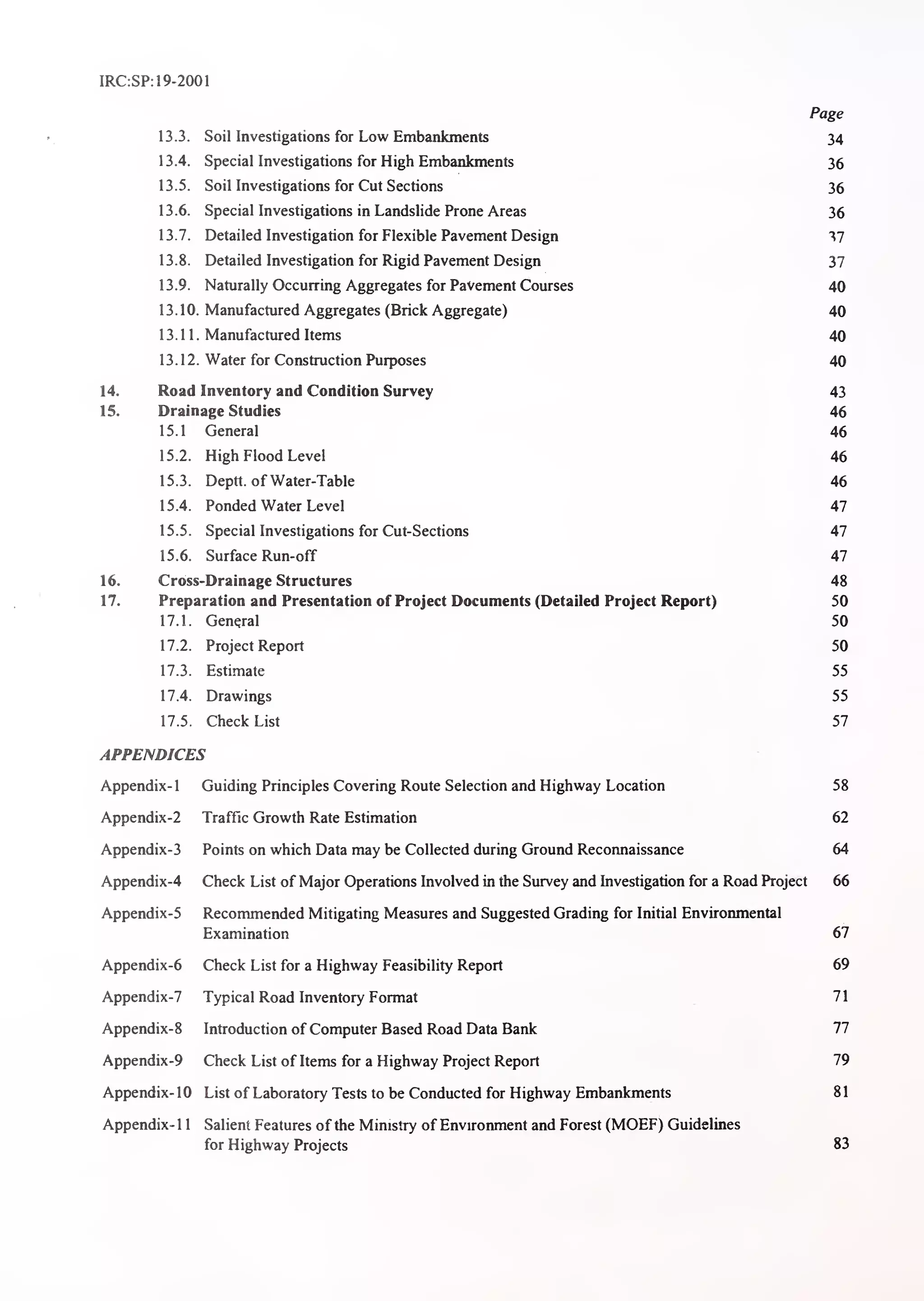 IRC.SP.19-2001 - MANUAL FOR SURVEY, INVESTIGATION AND PREPARATION OF ROAD PROJECTS | PDF