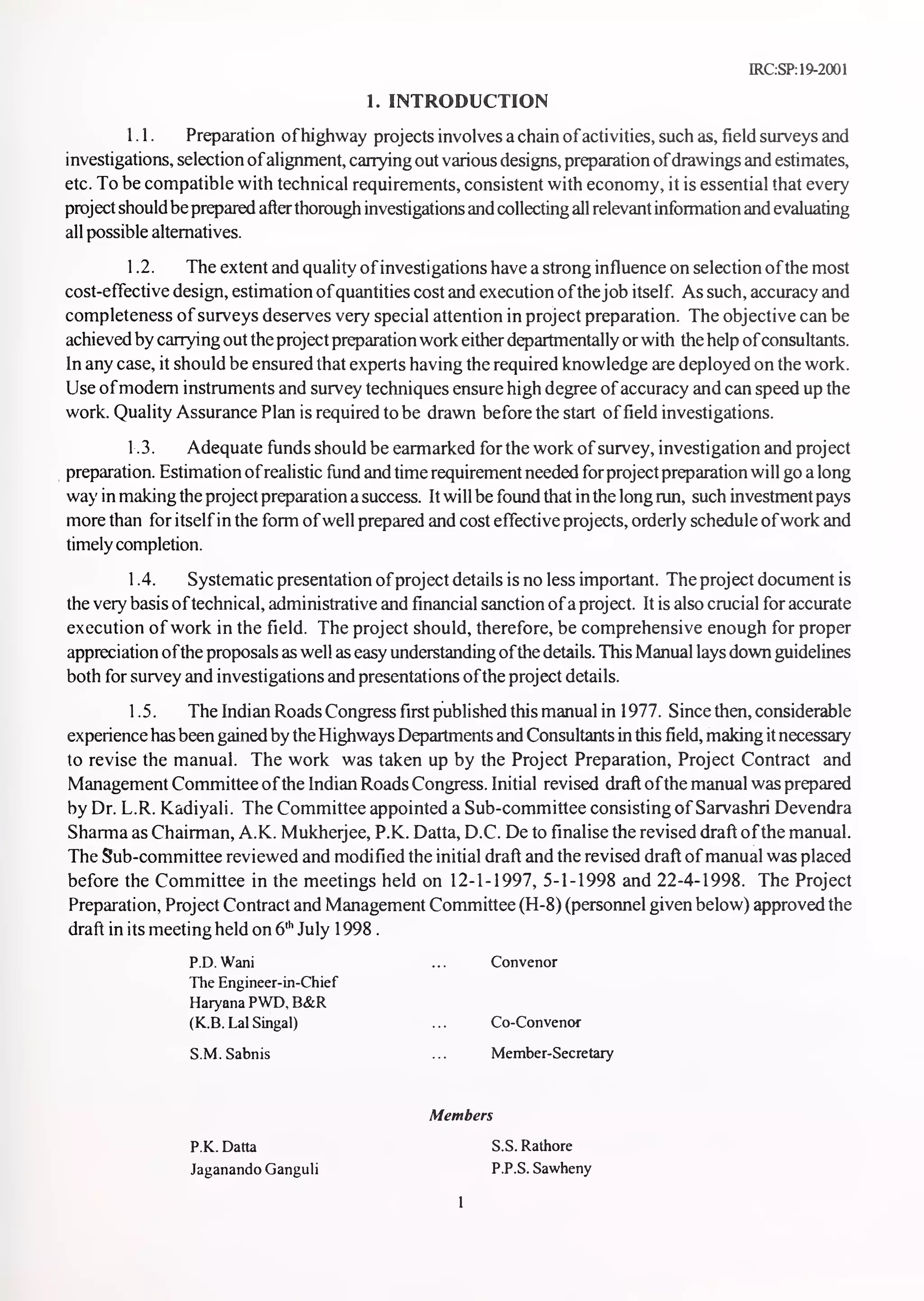 IRC.SP.19-2001 - MANUAL FOR SURVEY, INVESTIGATION AND PREPARATION OF ROAD PROJECTS | PDF