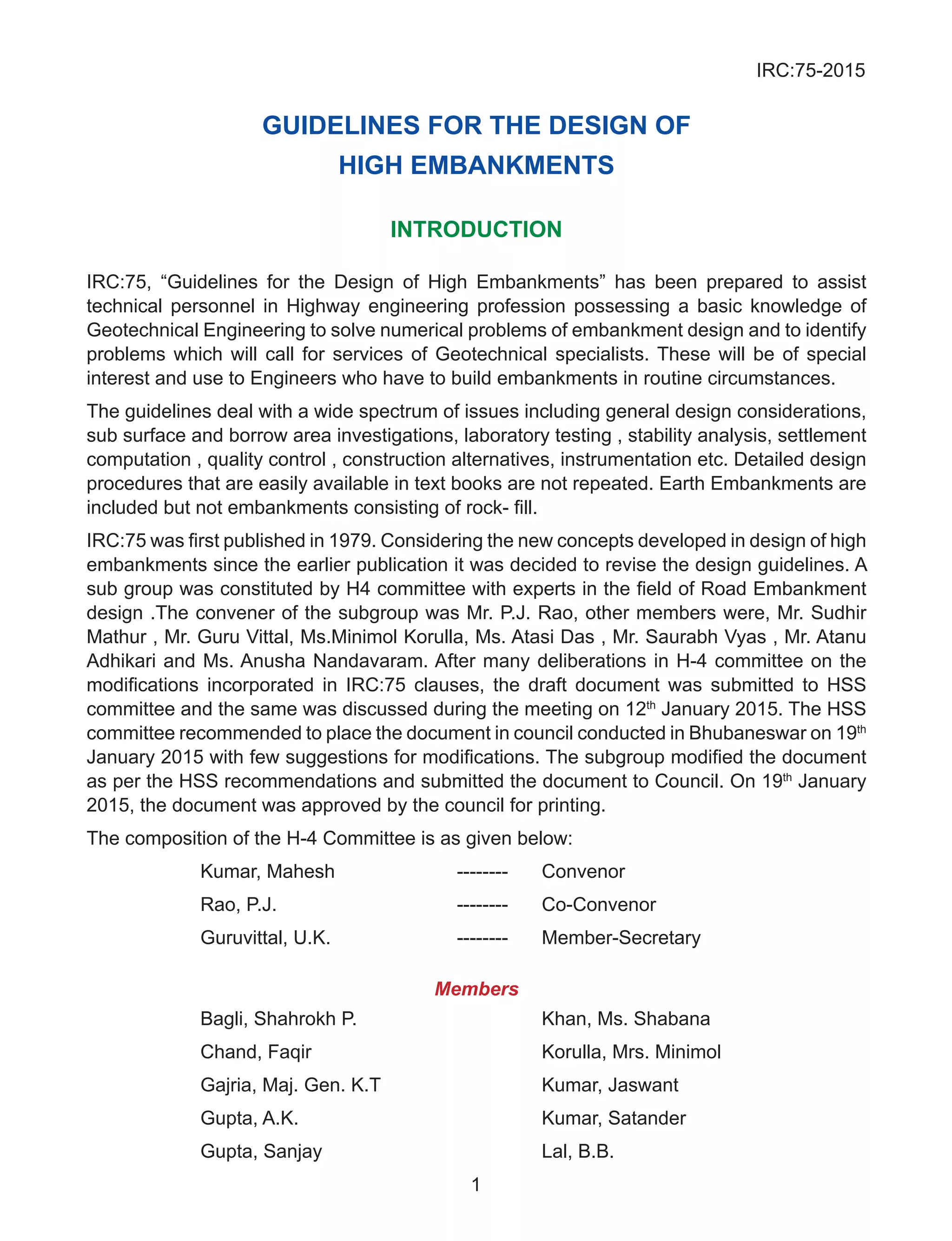 IRC:75-2015 GUIDELINES FOR THE DESIGN OF HIGH EMBANKMENTS | PDF
