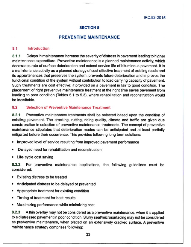 IRC:82-2015 Code of Practice for Maintenance of Bituminous Surfaces of Highways (First Revision ...