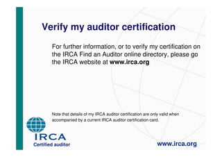Irca Auditor Promotion Suzanne Burge | PDF | Business | Business and Finance