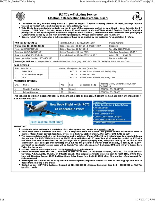 Irctc ltd,booked ticket printing1 | PDF