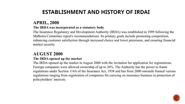IRDAI(Insurance Regulatory and Development Authority of India (IRDAI).pptx | Financial Industry ...