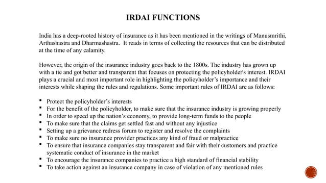IRDAI(Insurance Regulatory and Development Authority of India (IRDAI).pptx | Financial Industry ...