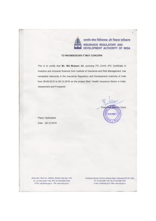 IRDAI internship certificate | PDF