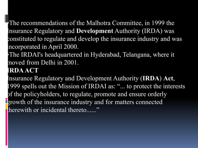 Irda(the insurance regulatory and development authority) | PPTX
