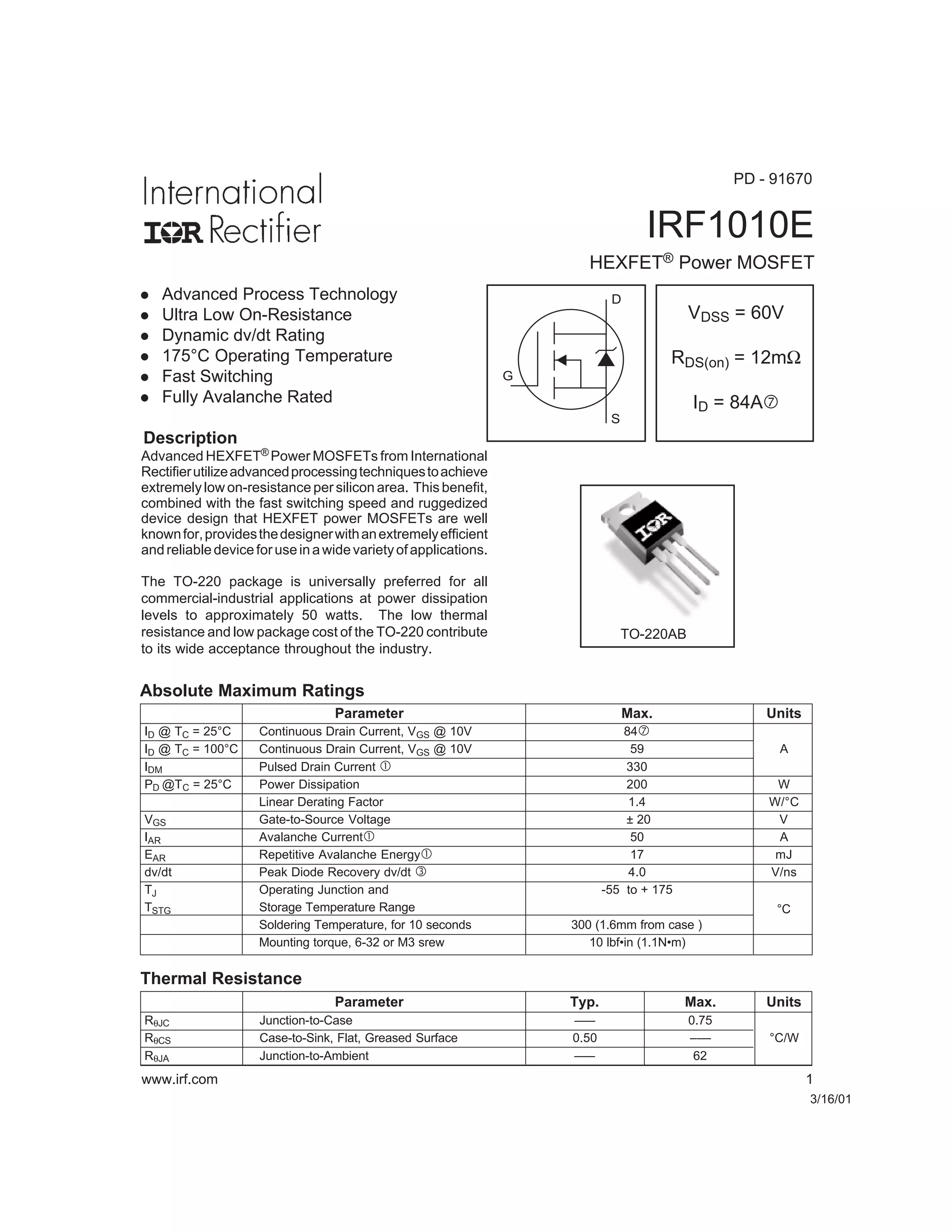 Original N-Channel Power MOSFET IRF1010EPBF IRF1010 1010 60V 84A TO-220 New International ...