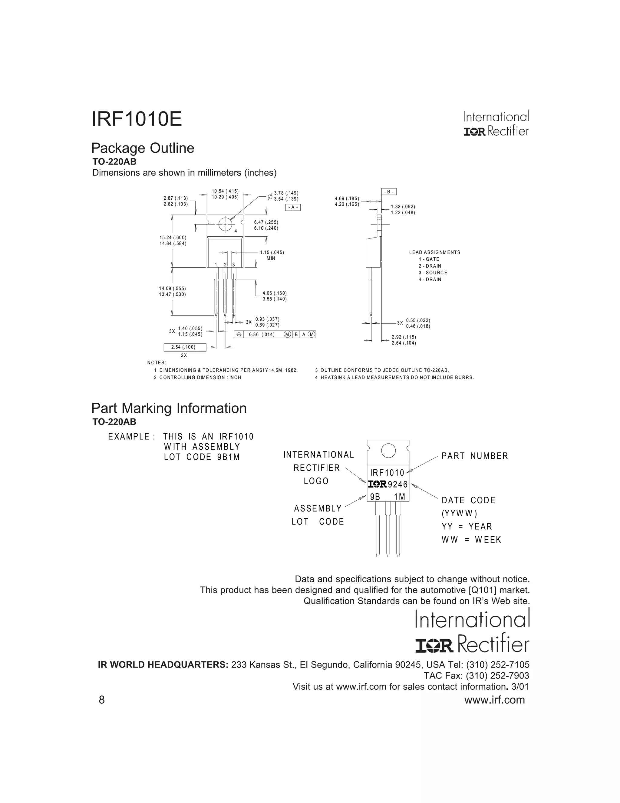 Original N-Channel Power MOSFET IRF1010EPBF IRF1010 1010 60V 84A TO-220 New International ...