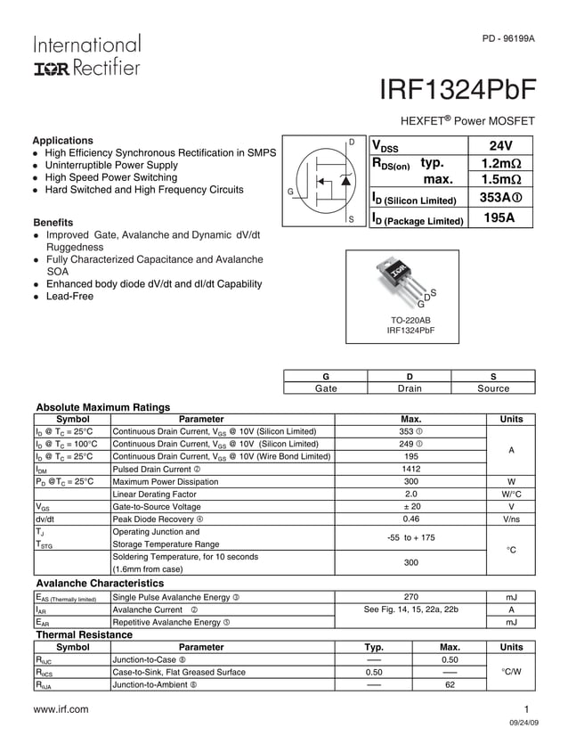 Original N-Channel MOSFET IRF1324 F3124 1324 24V 353A TO-220 New Infineon Technologies | PDF