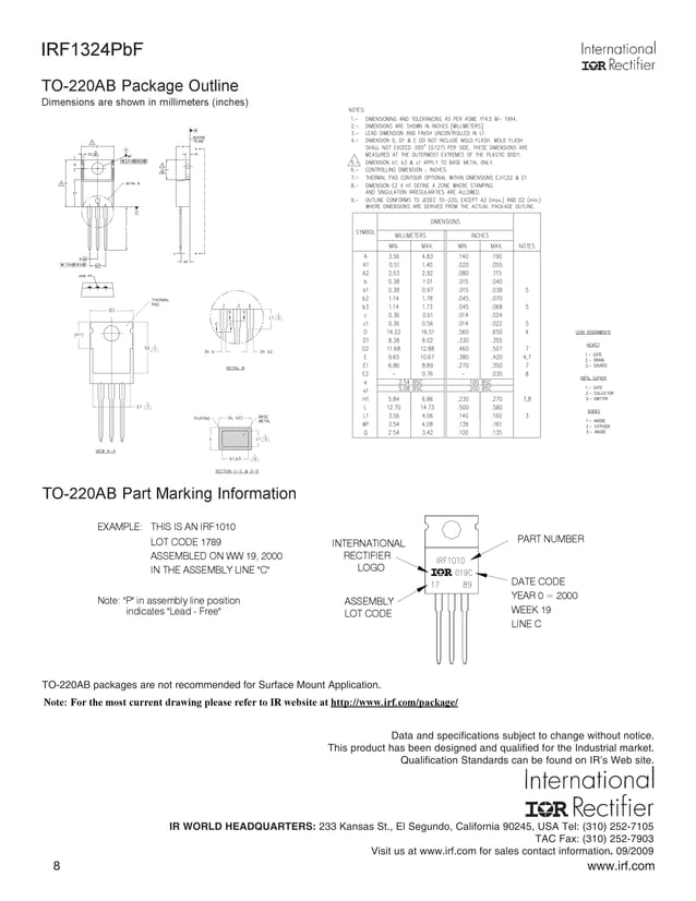 Original N-Channel MOSFET IRF1324 F3124 1324 24V 353A TO-220 New Infineon Technologies | PDF
