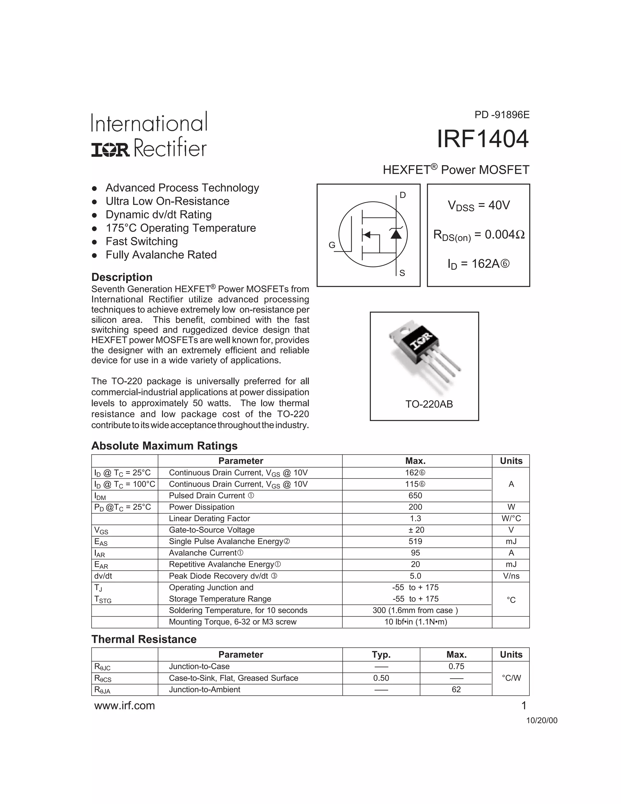 Original Mosfet IRF1404 1404 202A 40V TO-220 New IR | PDF | Physics ...