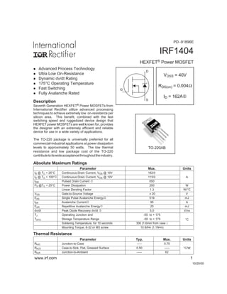 Original Mosfet IRF1404 1404 202A 40V TO-220 New IR | PDF | Physics ...