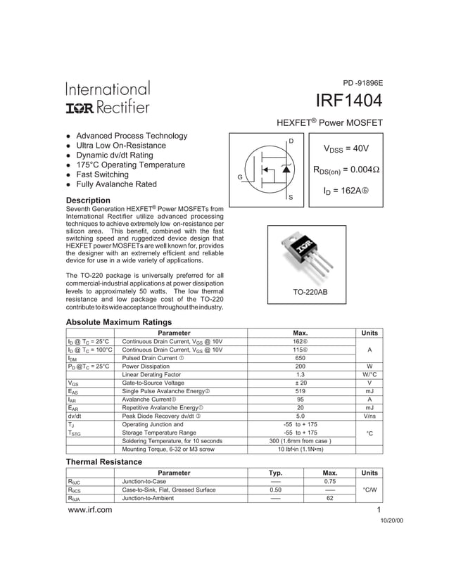 Original Mosfet IRF1404 1404 202A 40V TO-220 New IR | PDF | Physics | Science