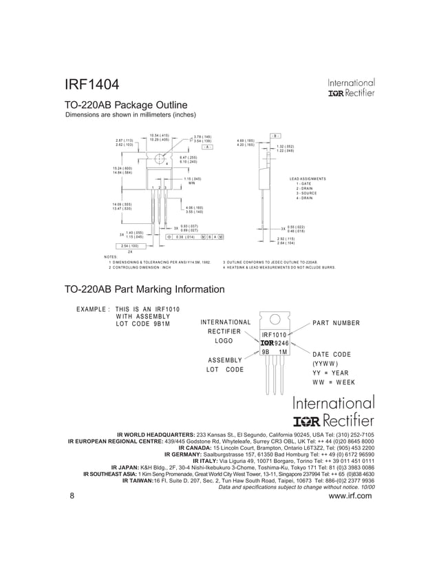 Original Mosfet IRF1404 1404 202A 40V TO-220 New IR