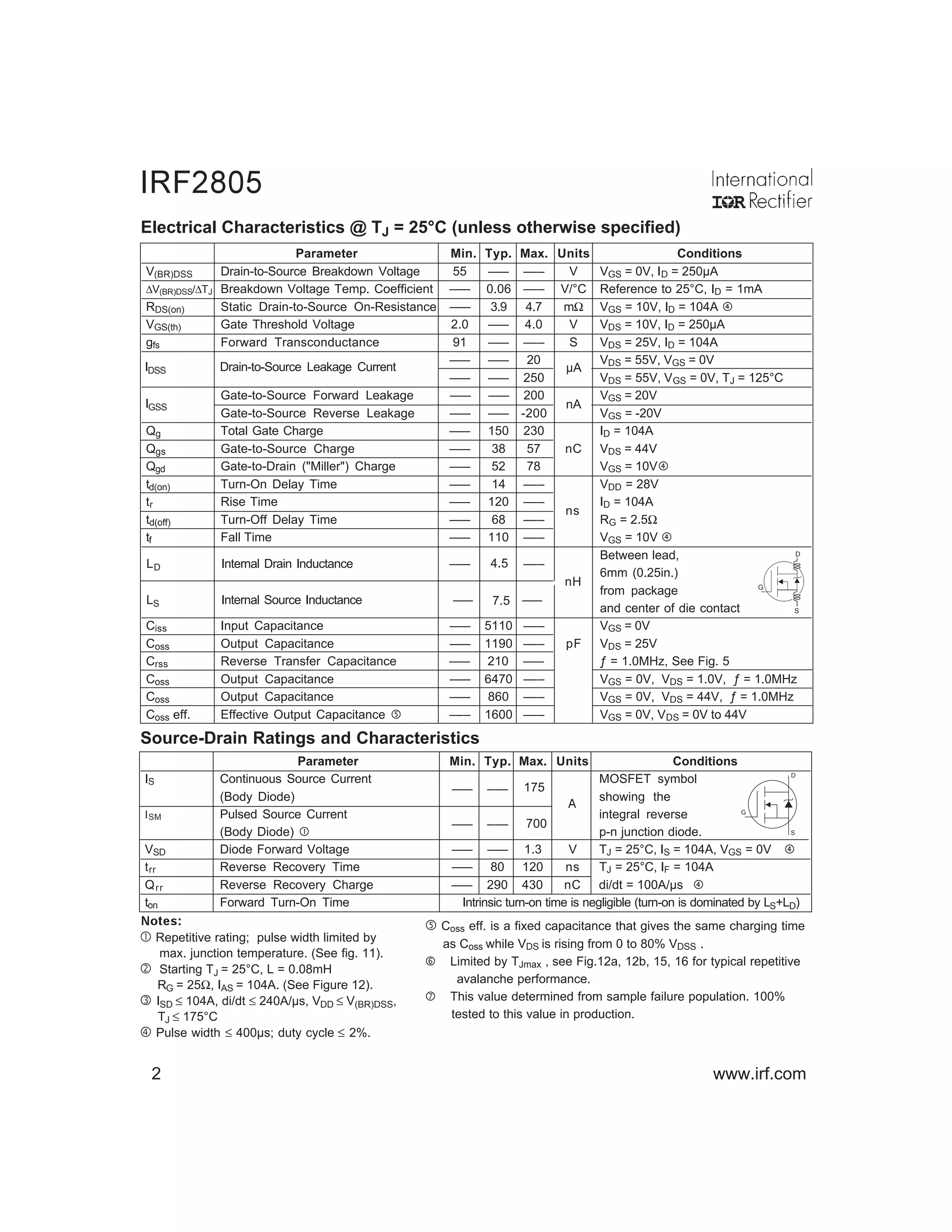 Original N-Channel Mosfet IRF2805 2805 55V 75A TO-220 New IR | PDF