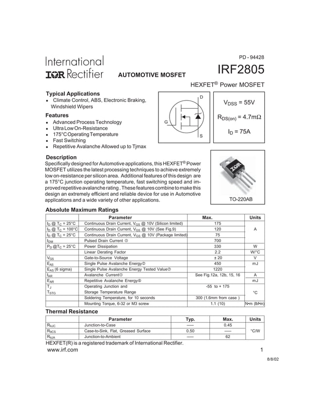 Original N-Channel Mosfet IRF2805 2805 55V 75A TO-220 New IR | PDF | Physics | Science