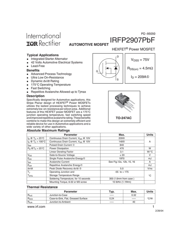 Original N-Channel Mosfet IRF2907ZPBF 2907 75V 170A TO-220 New IR | PDF | Consumer Electronics ...