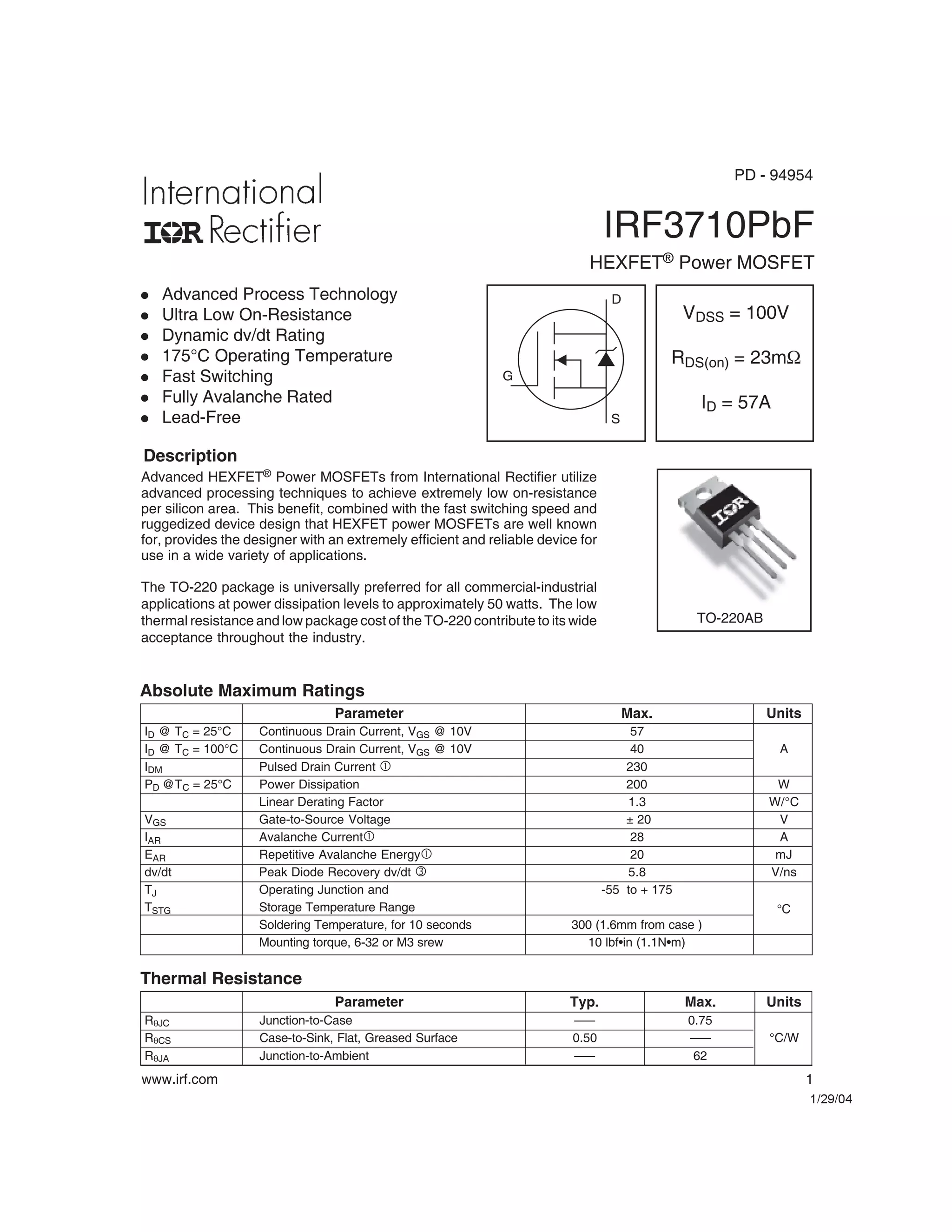 Original N Channel Mosfet IRF3710PBF IRF3710 3710 37A 100V New | PDF
