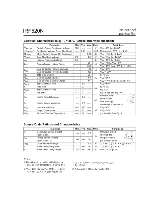 Original N-Channel Mosfet IRF520N 520 100V 9.2A TO-220 New IR | PDF