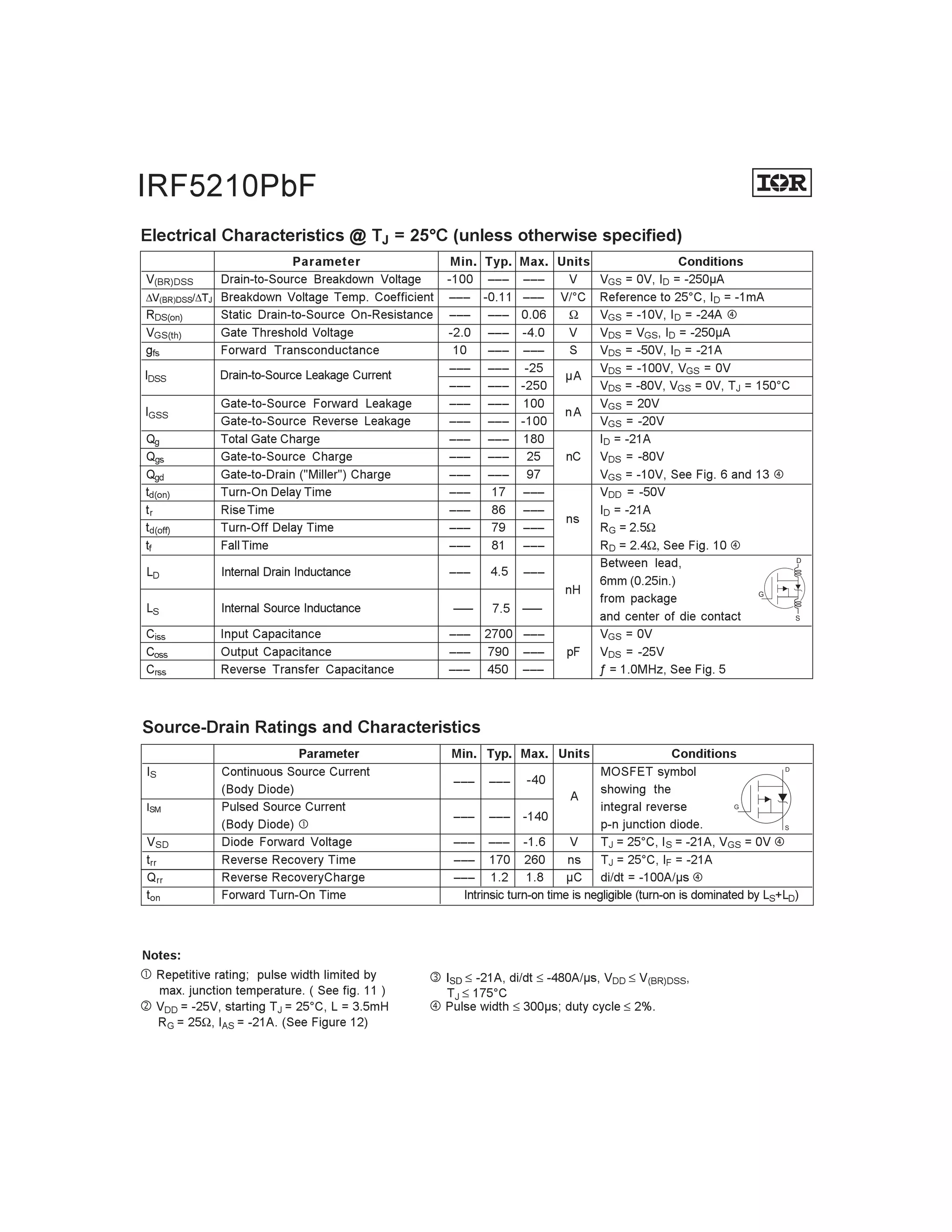 Original P-CHANNEL MOSFET IRF5210PBF IRF5210 5210 100V 38A TO-220 New IR | PDF