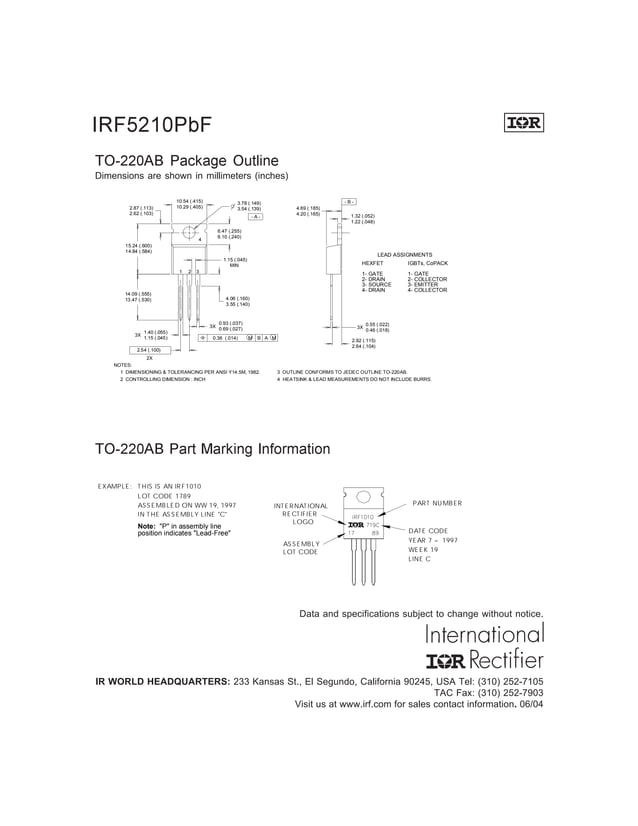 Original P-CHANNEL MOSFET IRF5210PBF IRF5210 5210 100V 38A TO-220 New IR | PDF