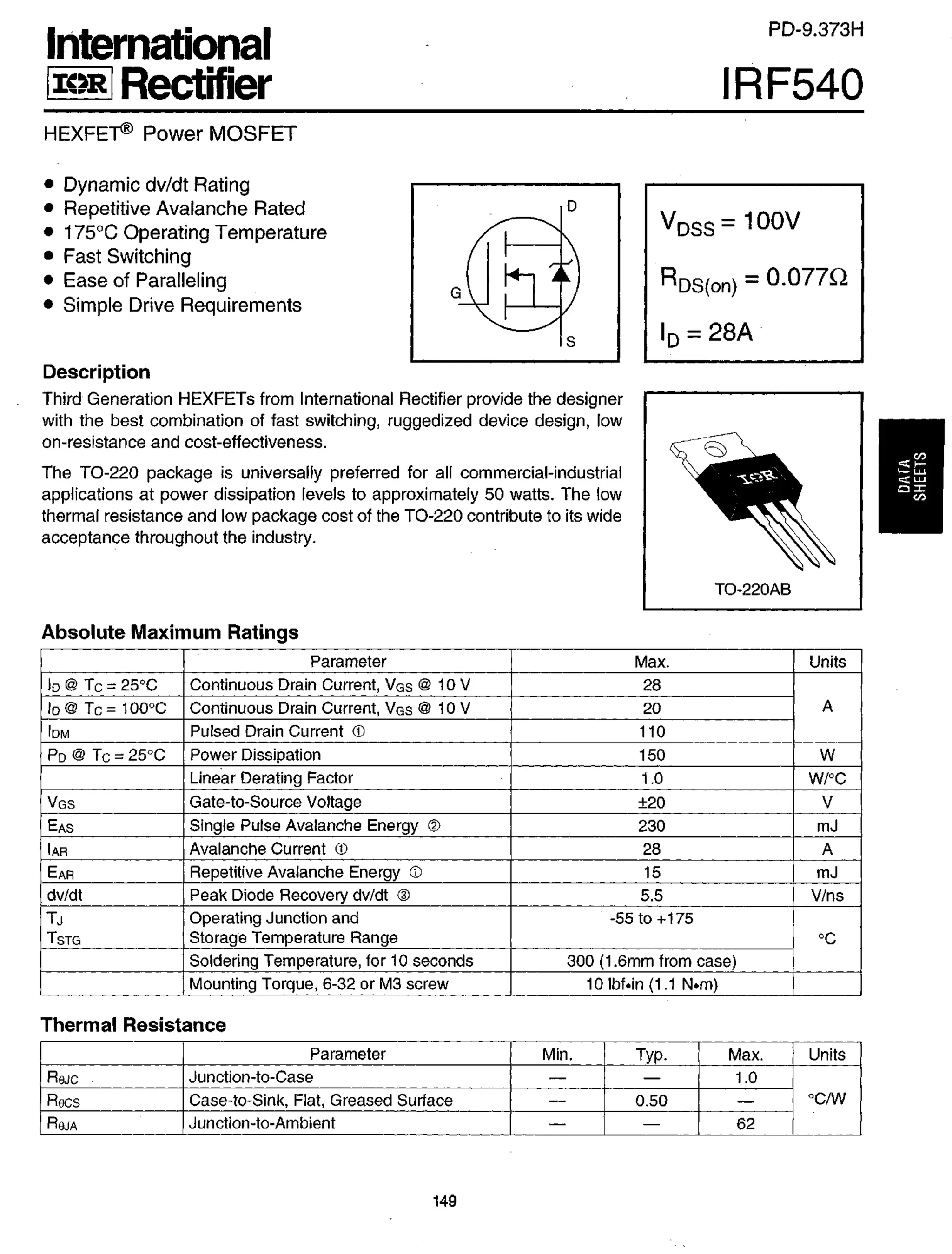 Original MOSFET N-CHANNEL IRF540 IRF540N TO-220 33A 100V New | PDF