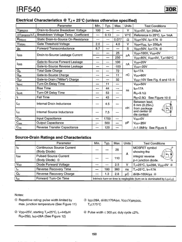 Original MOSFET N-CHANNEL IRF540 IRF540N TO-220 33A 100V New | PDF