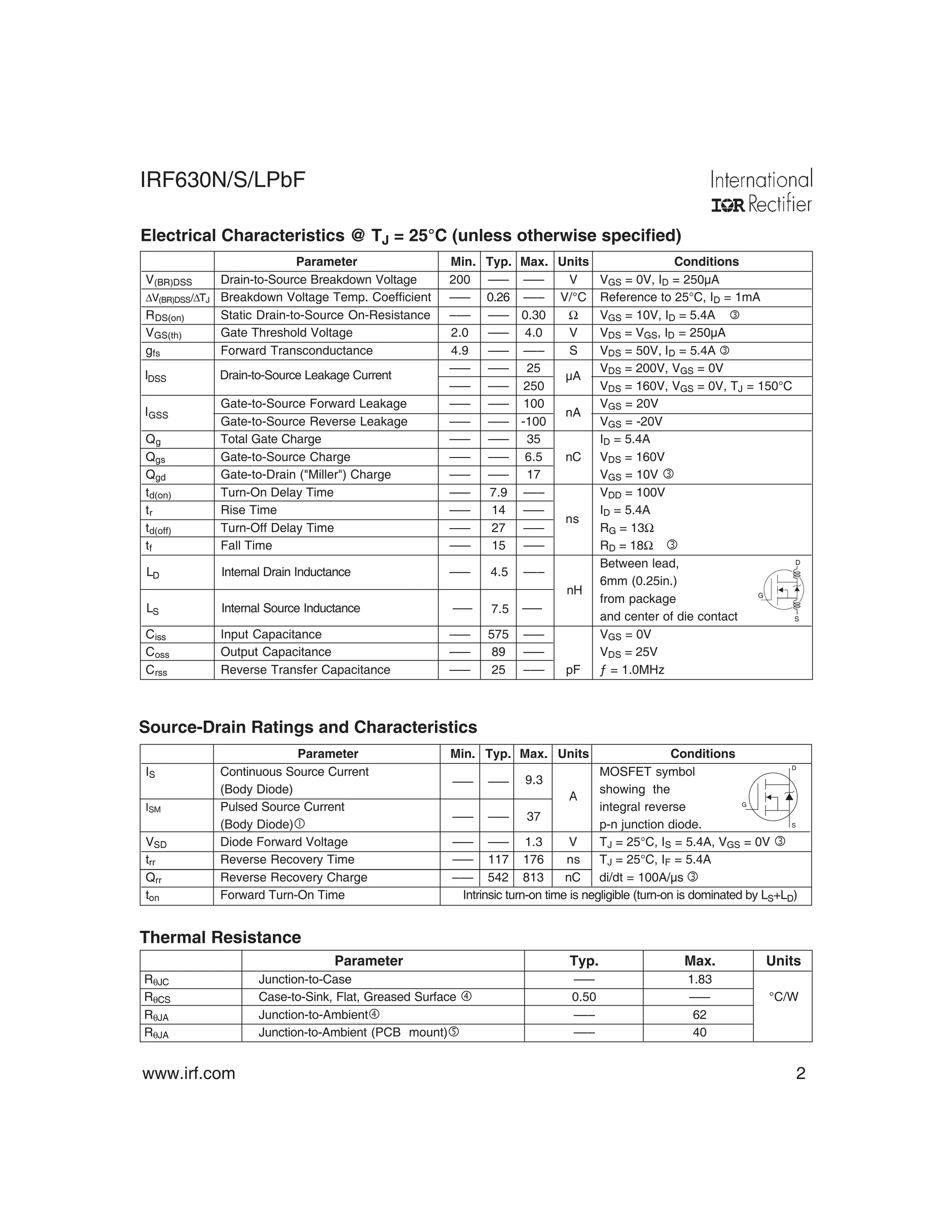 Original N Channel Mosfet IRF630N IRF630 TO-220 9.3A 200V New IR | PDF