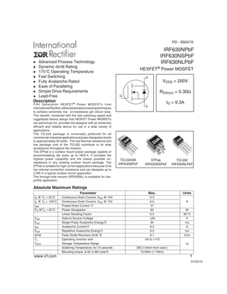 Original N Channel Mosfet IRF630N IRF630 TO-220 9.3A 200V New IR | PDF
