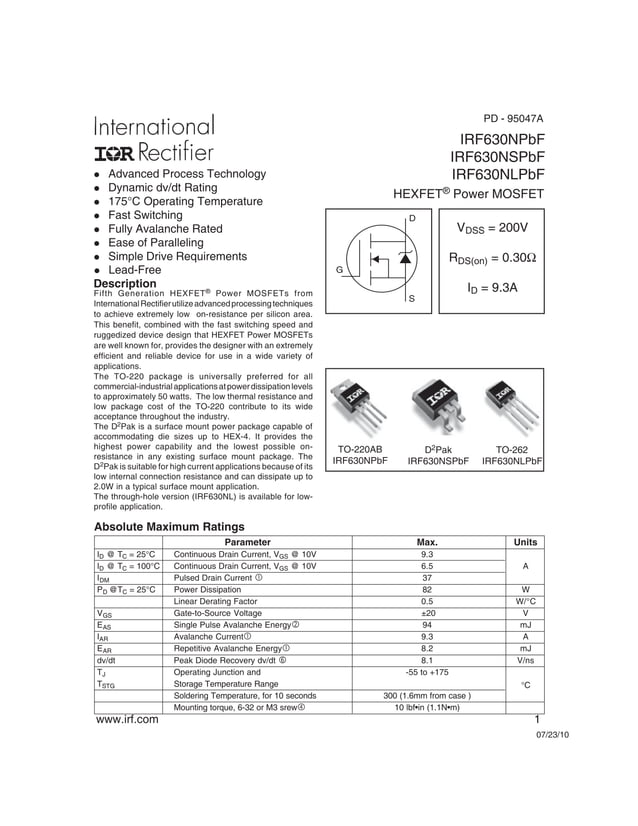 Original N Channel Mosfet IRF630N IRF630 TO-220 9.3A 200V New IR | PDF