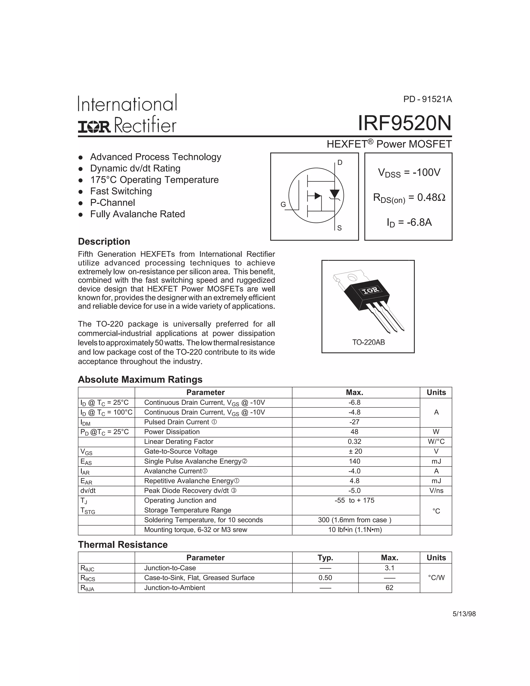Original P-Channel Mosfet IRF9520NPBF 9520N TO-220F New IR | PDF