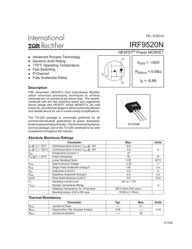 Original P-Channel Mosfet IRF9520NPBF 9520N TO-220F New IR | PDF