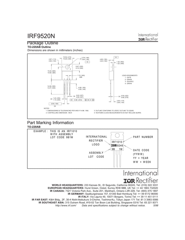 Original P-Channel Mosfet IRF9520NPBF 9520N TO-220F New IR | PDF
