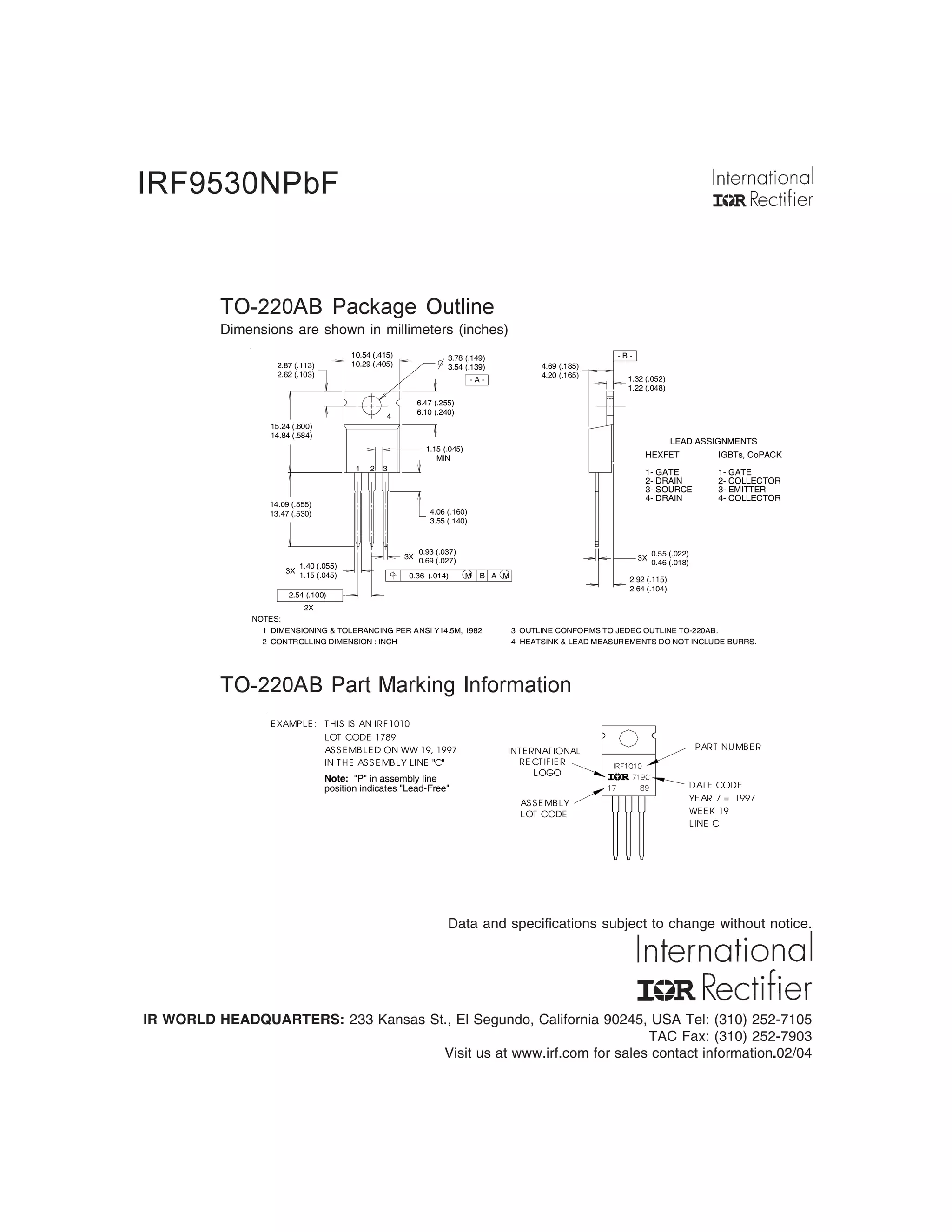 Original Mosfet IRF9530N TO220 14A 100V New | PDF