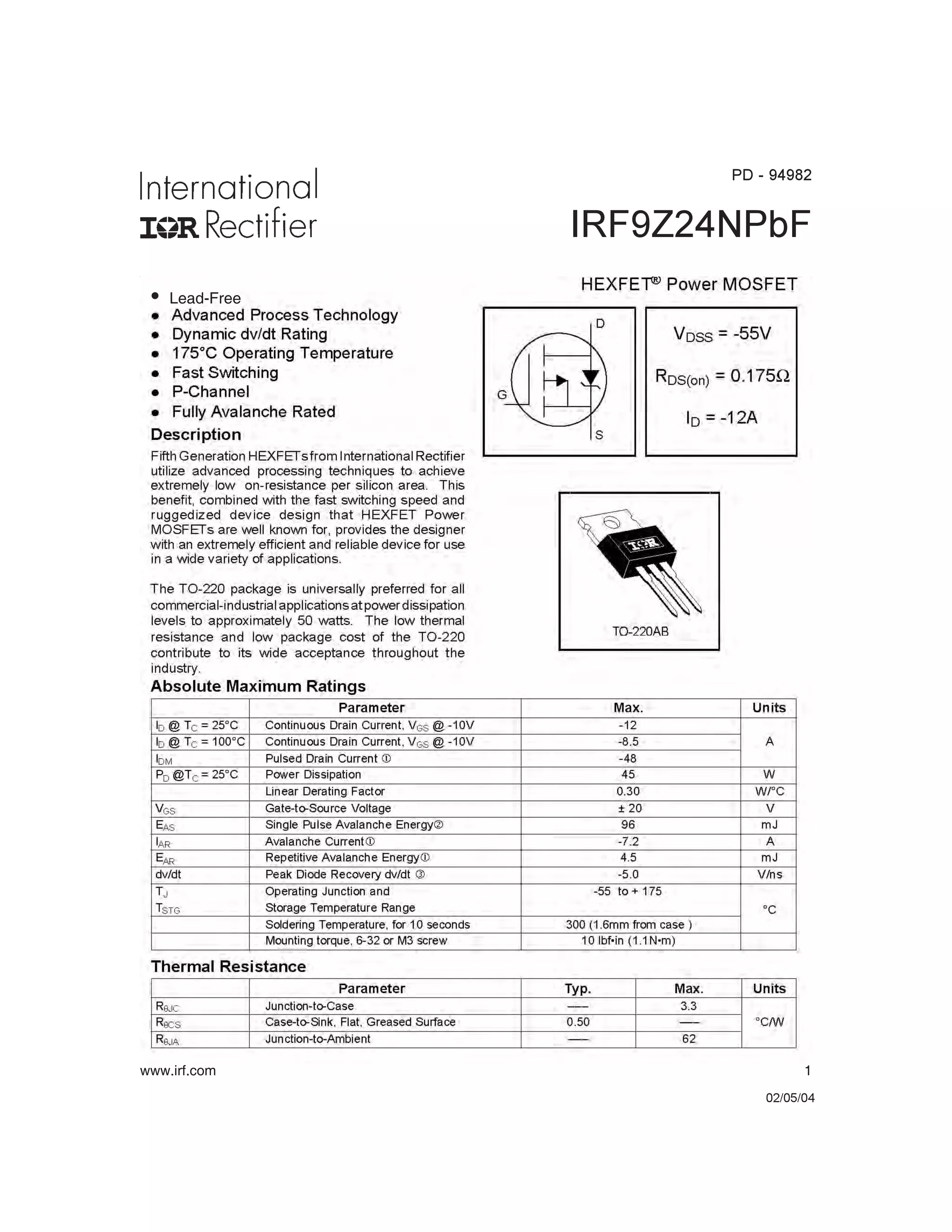 Original MOSFET P-CHANNEL IRF9Z24NPBF IRF9Z24N IRF9Z24 F9Z24N 9Z24 55A 120V TO-220 New | PDF