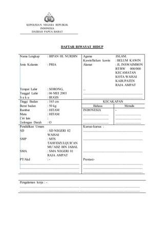 FORMULIR PENDAFTARAN POLRI TA 2022 | DOCX