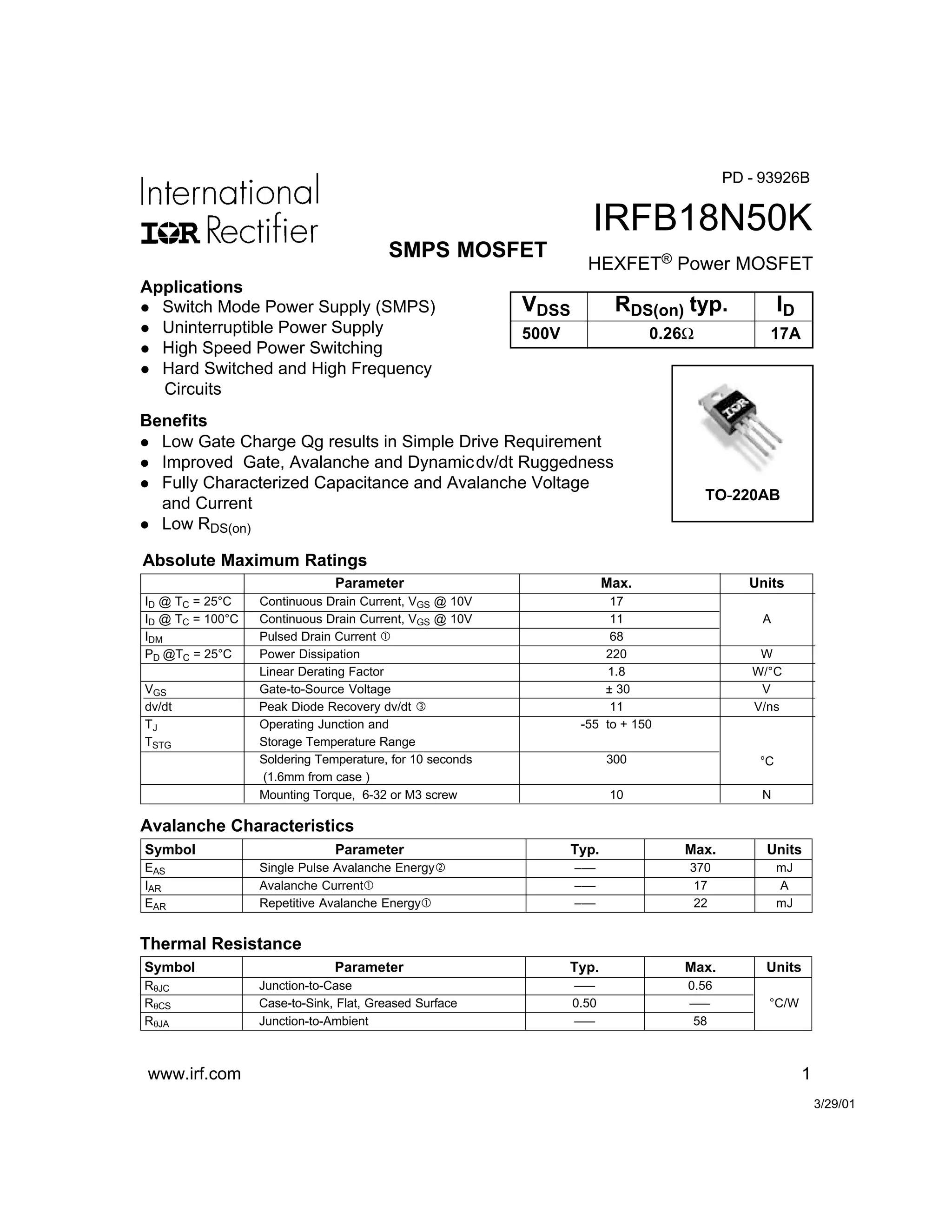 Original Mosfet IRFB18N50KPBF IRFB18N50K FB18N50K 18N50K 500V 17A TO ...
