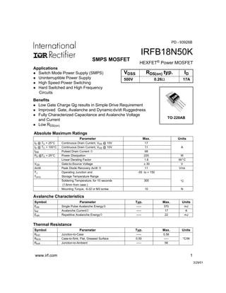 Original Mosfet IRFB18N50KPBF IRFB18N50K FB18N50K 18N50K 500V 17A TO-220 New International ...
