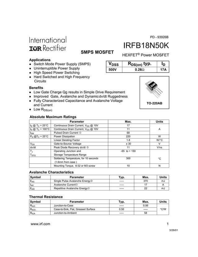 Original Mosfet IRFB18N50KPBF IRFB18N50K FB18N50K 18N50K 500V 17A TO ...