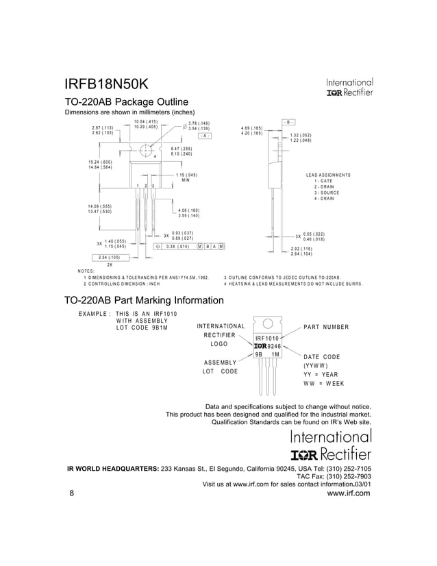 Original Mosfet IRFB18N50KPBF IRFB18N50K FB18N50K 18N50K 500V 17A TO-220 New International ...
