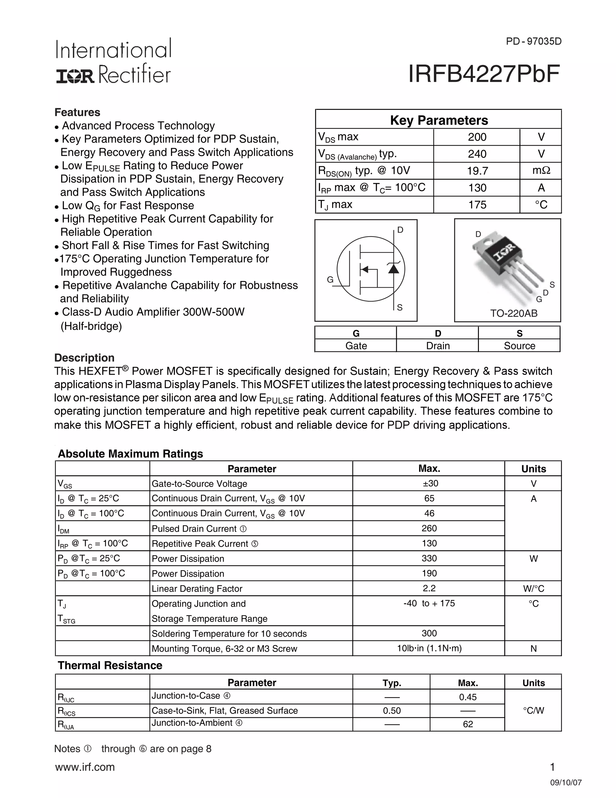 Original N-CHANNEL Mossfet IRFB4227PBF IRFB4227 4227 130A 200V TO-220 New IR | PDF